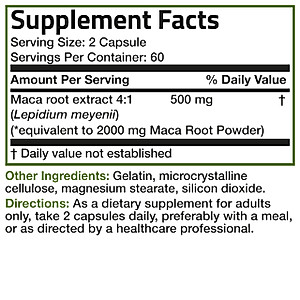 Bronson Maca Root (from 500mg 4:1 Extract Equivalent to 2000mg per Serving), Lepidium Meyenii - Non-GMO, 120 Vegetarian Capsules