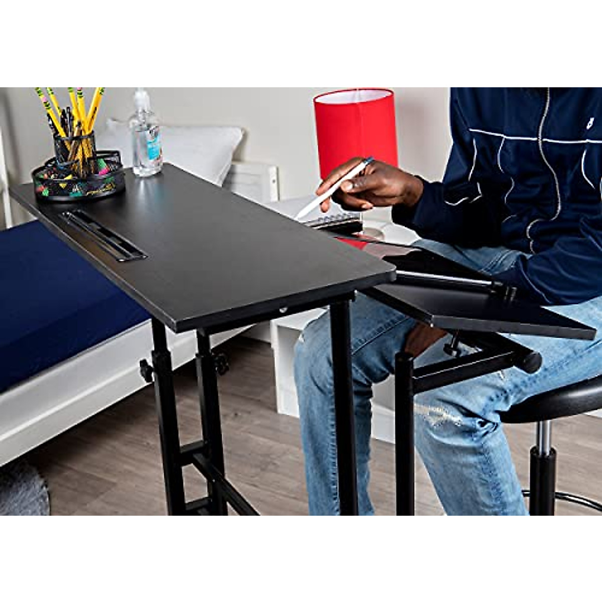 Mind Reader Woodland Collection, Mobile Sit/Stand Laptop Desk with Side Storag Adjustable, Tiltable, Lockable Casters, Portable, X-Large, Black