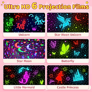 One Fire Unicorns Gifts for Girls Night Light Projector, 6 Films Unicorn Bedroom Decor for Girls, Rechargeable Unicorn Night Light for Girls Bedroom Decor,360° Rotating Mermaid Princess Butterfly Lamp