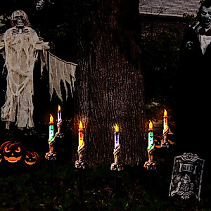 Halloween Solar Candle Light Stakes, 6 Pcs Skeleton Hands Hold Lighted Candle Paito Decor Pathway Makers, Waterproof Light Up Figurine for Outdoor Indoor Halloween Party Decorations