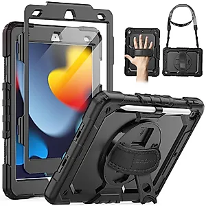 SEYMAC Case for iPad 9th/8th/7th Generation Case 10.2" 2021-2019, Full-Body Shockproof Heavy Duty Protective Case with Screen Protector, 360° Rotating Stand/Handle/Shoulder Strap for iPad 10.2, Black