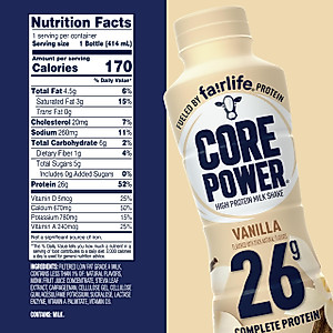 Core Power Fairlife 26g Protein Milk Shakes, Ready To Drink for Workout Recovery Liquid, Vanilla, 14 Fl Oz Bottle, kosher (Pack of 12)