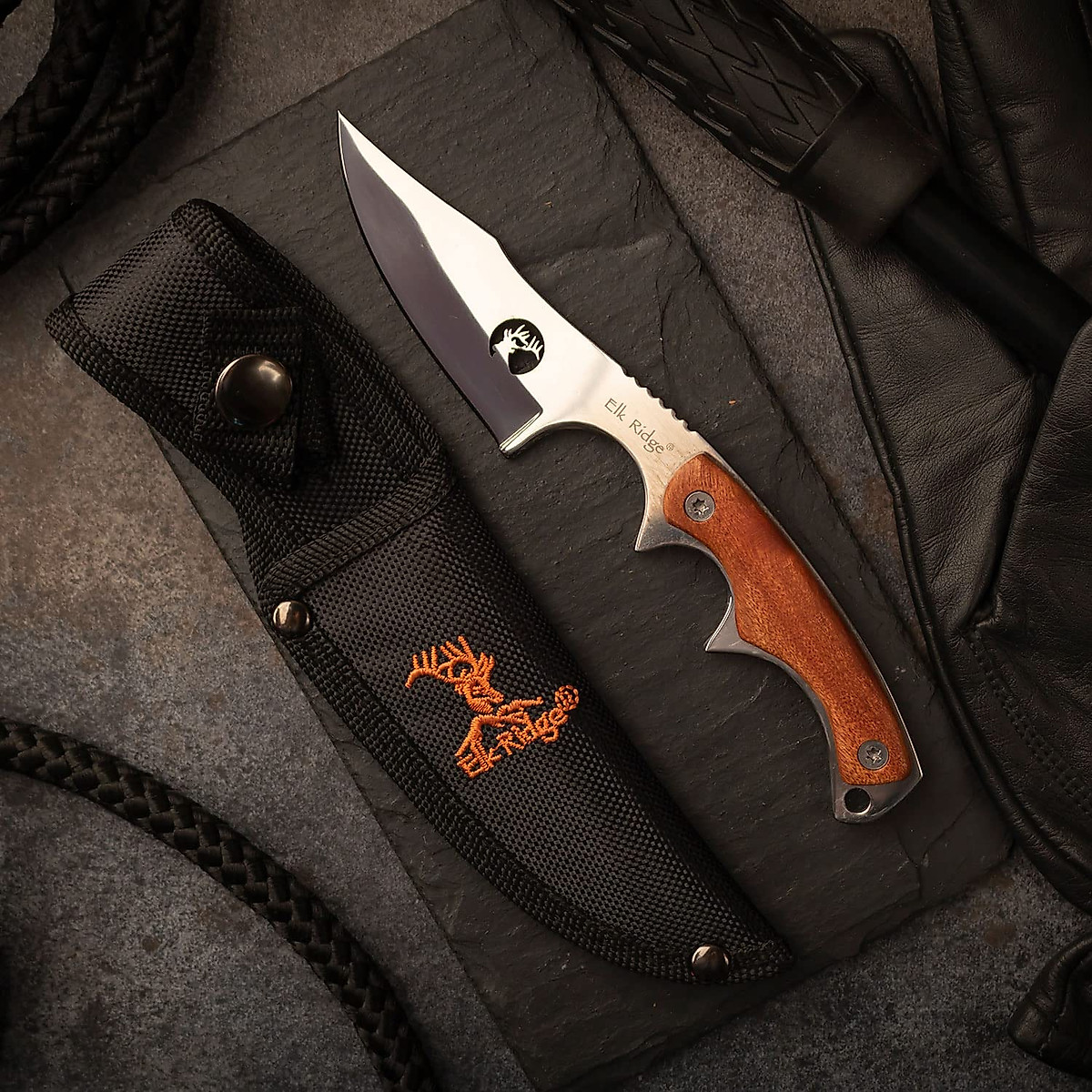 Elk Ridge - Outdoors Fixed Blade Knife - 6.75-in Overall, Mirror Finished Stainless Steel Blade, Burl Wood Handle - Full Tang Construction, 1680D Nylon Sheath - Hunting, Camping, Survival - ER-534