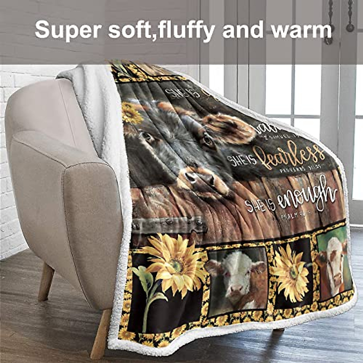Cow Sunflower Print Sherpa Throw Blanket Yellow Flower Fleece Blankets Gift for Women Wife or Girlfriend Super Soft and Warm Sofa Bedding Blankets 60"X80"