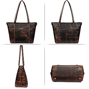 S-ZONE Genuine Leather Tote Bag for Women Vintage Shoulder Handbag Purse with Crossbody Strap Medium