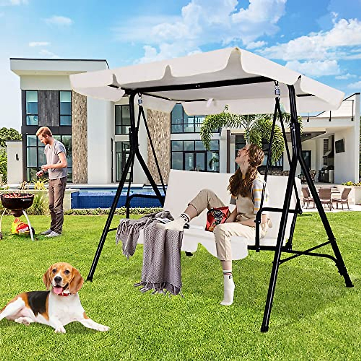 Funny Sunny Outdoor Patio Swing Chair with Canopy,3 Seater Porch Swing Chair with Adjustable Canopy and Removable Cushion for Patio Garden Poolside Balcony Backyard, White