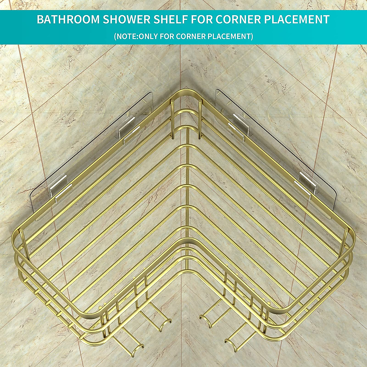 Yazoni Corner Shower Caddy, Adhesive Shower Shelves No Drilling [2-Pack], Rustproof Stainless Steel Bathroom Shower Organizer with 8 Hooks, Shower Shelf for Inside Shower (Gold)
