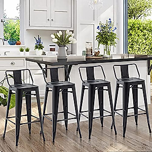 Tongli Metal Bar Stools Set of 4 Barstools Counter Height Bar Stools with Back Industrial Bar Stool Indoor Counter Stool Kitchen Island Stools Modern Bar Chair 26inch Matte Black