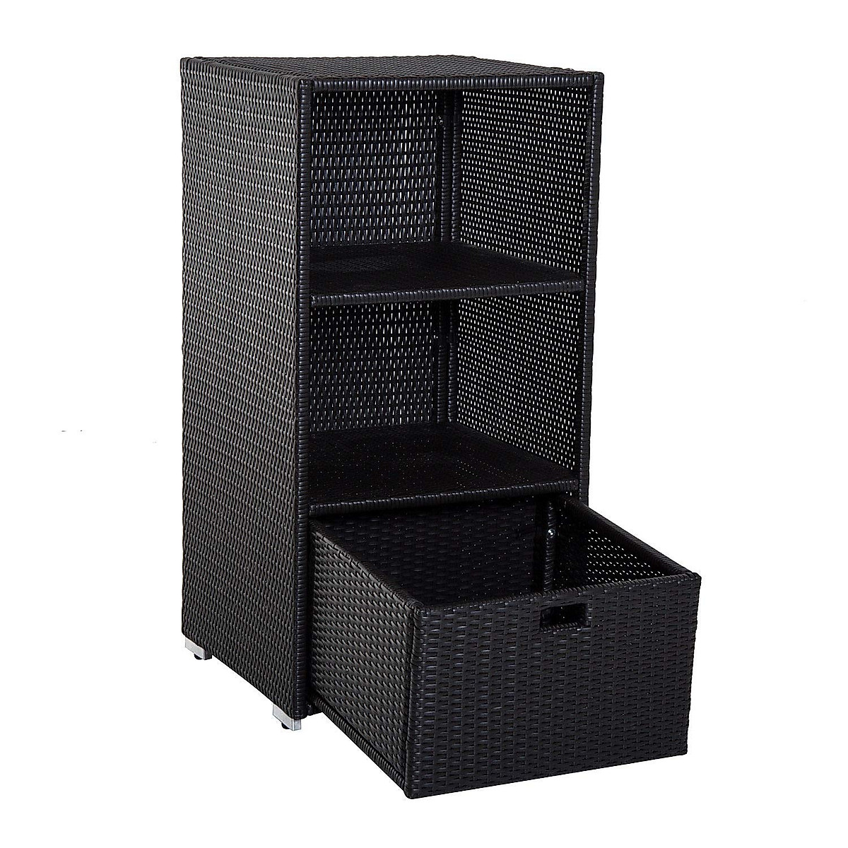 PE Rattan Wicker Outdoor Pool Towel Water Bottles Robes Valet Stand Organizer Rack Storage Cabinet 2 Upper Storage Shelves 1 Bottom Drawer for Storing Creams Lotions and Sunscreen