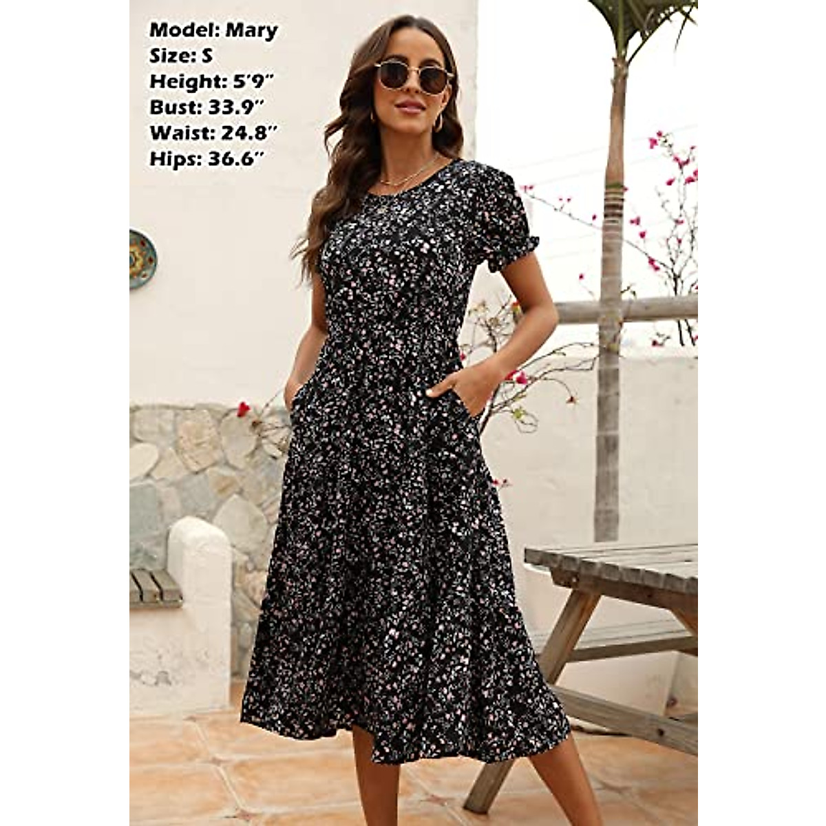 NAVINS Women Floral Print Puff Sleeve Tiered A-Line Swing Midi Dress with Pockets NA1002 (L,Black Print)