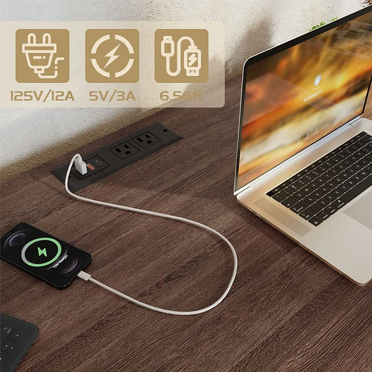 kevinplus Computer Writing Desk 46.8'' with Fast Charge USB Port & Power Outlet, Mid-Century Modern Study PC Desk with Type-C Ports Charging Station, Home Office Desk with Drawer, Walnut & Dark Grey