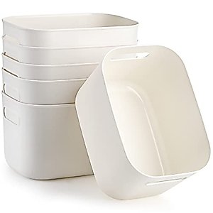 Yopay 6 Pack Plastic Storage Bin with Handle, White Bathroom Kitchen Organizer Bin for School, Office, Classroom, Hand Soaps, Shampoos, Lotion, Conditioners, Hand Towels, Cosmetic, Snacks, Seasoning