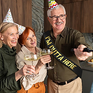 Generic I'm Outta Here Sash with Gold Foil - Going Away Sash, Retirement Sash, Graduation Sash, Divorced Sash, New Chapter Sash, Coworker Leaving Sash, Gift for Going Away (Black,Gold)