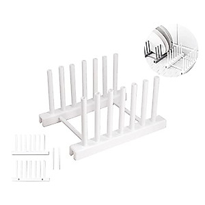 Halyuhn White Plate Organizer for Cabinet 4 Pack, Plstic Plate Rack Stand Keep Dry for Dish, Bowl, Bakeware, Serving Tray and More, Plate Holder for Cabinet Rack, Dish Organizer Rack for Cabinet