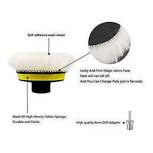 Tworider 7 Pcs 3 Inch Buffing Pads, Wool Polishing Pad,Wool Buffing Polishing Pad Set,Buffing Pads for Drill Lambs Wool Hook and Loop,with M14 Drill Buffer Attachment, Car Polishers and Buffers