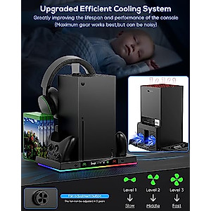 Upgraded RGB Cooling Fan Charging Station for Xbox Series X Console & Controller, Wireless Dual Charger Dock & Cooler System Stand with 15 Colorful Light Modes for Xbox Series X & Accessories Storage