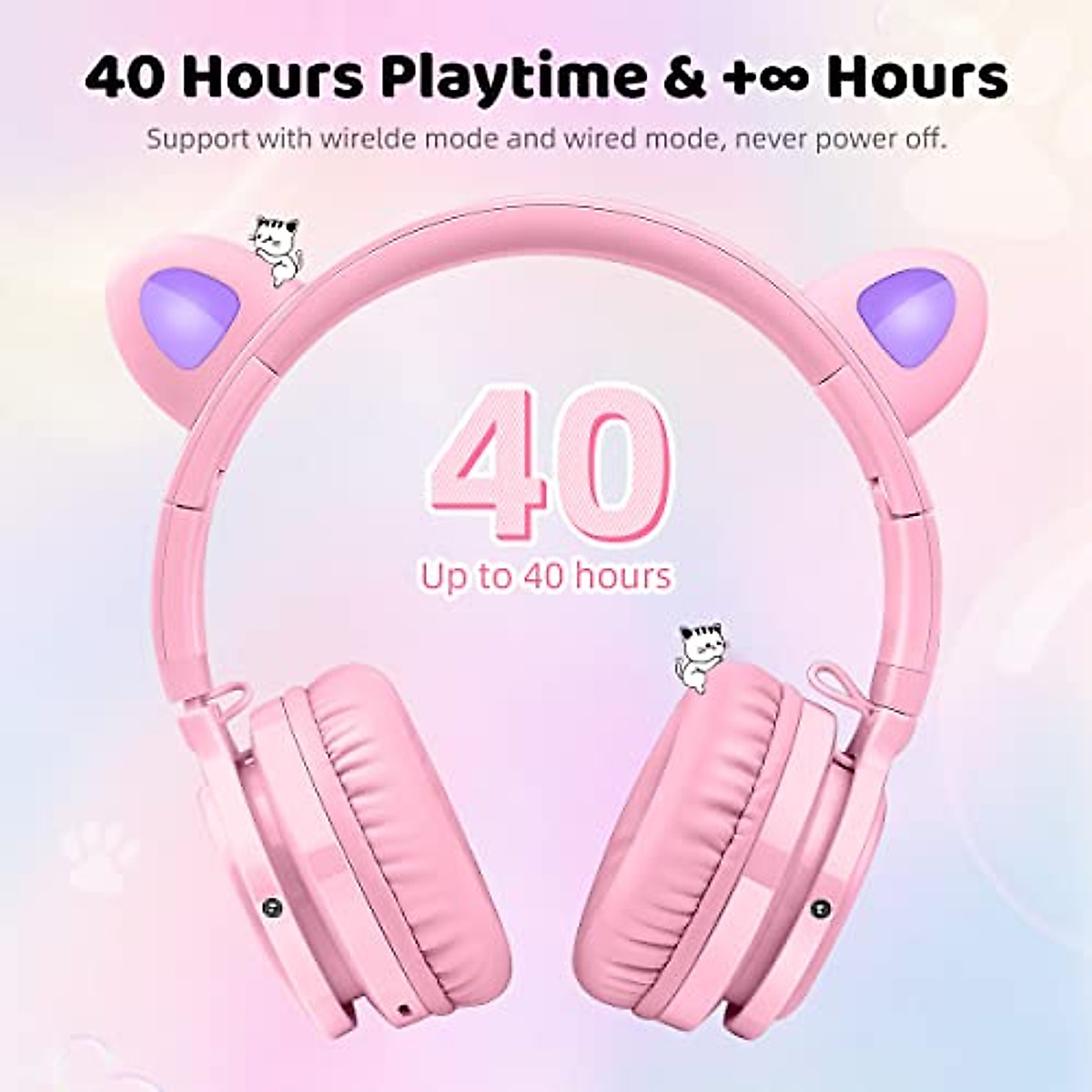 Picun Cat Ear Bluetooth Headphones 40 Hours Playtime with Romantic LED Light Up, Over Ear Girls Wireless Headphones with HD Mic, Foldable, Soft Memory Earmuff, for PC/Tablet/School Kids Adults - Pink