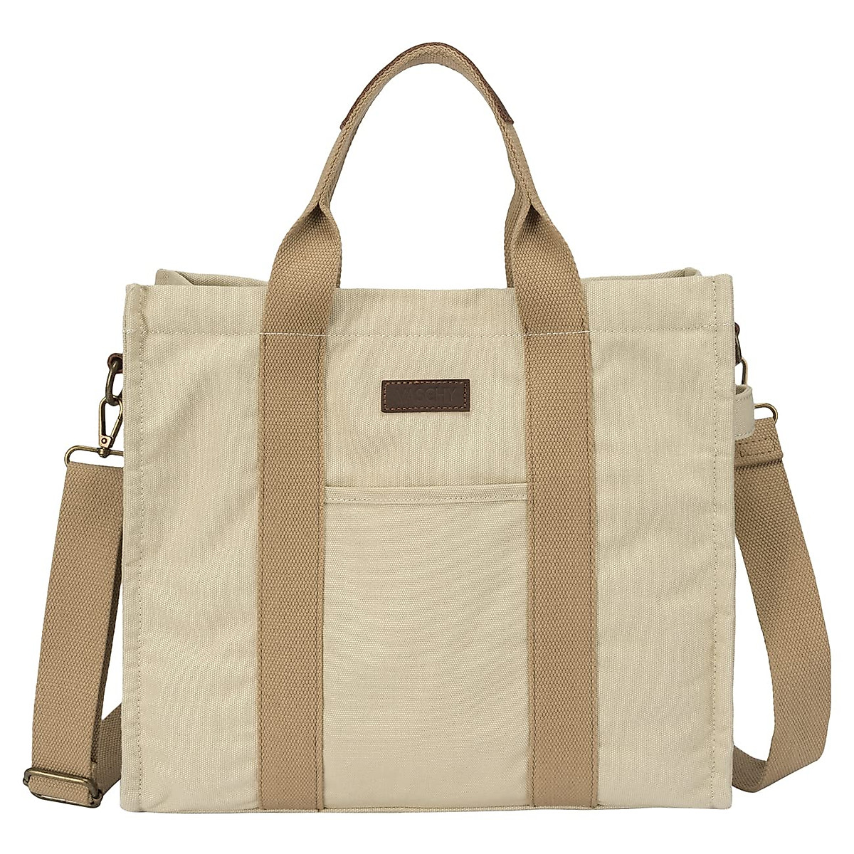 VASCHY Canvas tote bag, Casual Reusable Work Totes for Women Teachers with Zippers Pockets Crossbody Shoulder Bag Purse Apricot