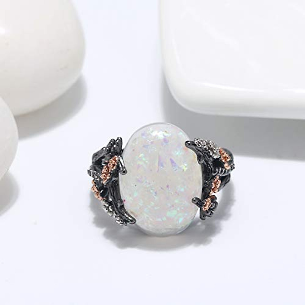 Ginger Lyne Collection Henrietta Simulated Fire Opal Ring for Women - Elven Gothic Black Plated for Engagement Promise or Statement -Tree Branch Flower Design Setting