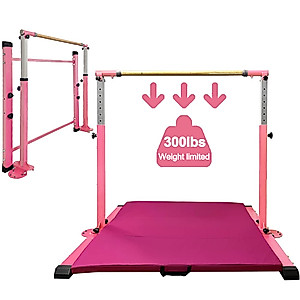 Peakpath Updated Expandable Gymnastics Kip Bar with High Density 47’X47’ Gym Mat, Fiberglass Rail,Adjustable Height 3'-4.8' Junior Training Bar,Home Gym Equipment,1-4 Levels,300lbs Weight Capacity