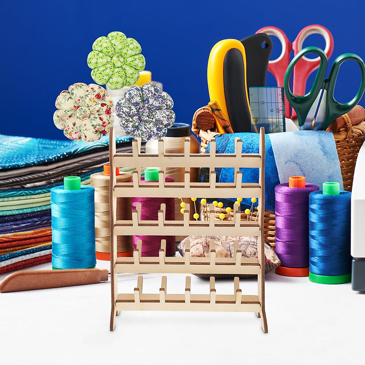 EXCEART Spools Wooden Thread Rack Thread Holder Organizer Wall-Mounted with Hanging Hooks for Embroidery Quilting and Sewing Threads