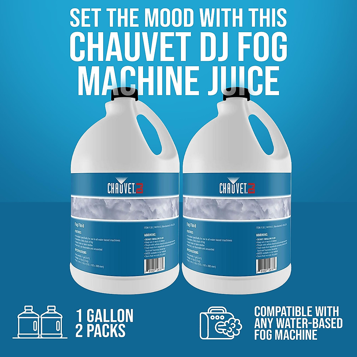 CHAUVET DJ Fog Smoke Juice Fluid 1 Gallon Bottles for Fog Machines, Compatible with Chauvet and Other Leading Brands for Enhanced Atmosphere, 2 Pack