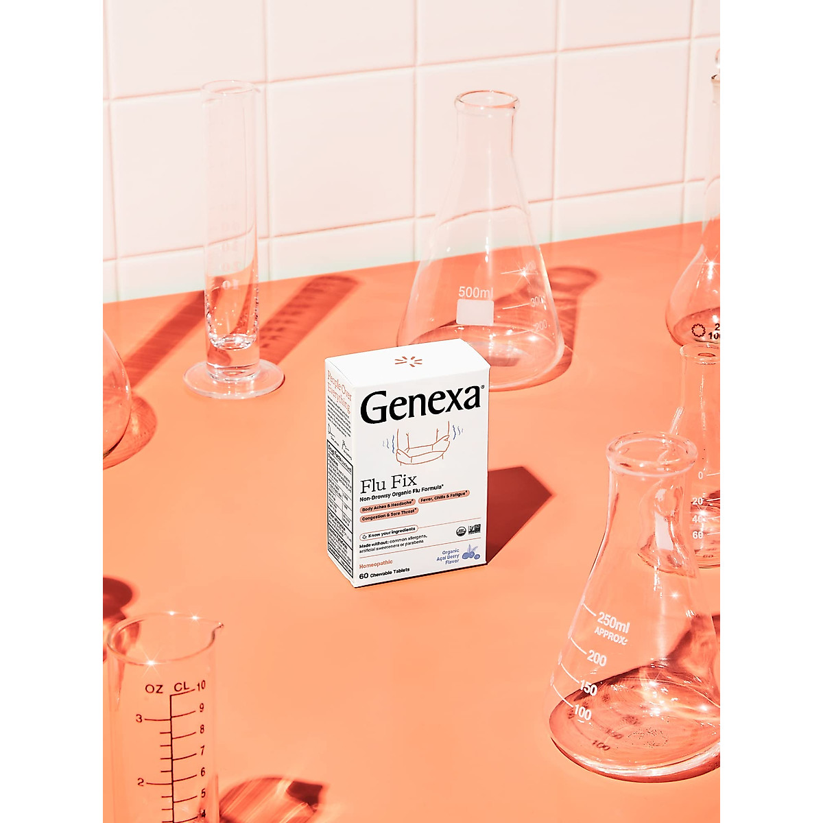 Genexa Flu Fix | Multi-Symptom Flu Remedy for Kids & Adults | Delicious Organic Acai Berry Flavor | Certified Organic & Non-GMO | Homeopathic Remedy Made Clean | 60 Chewable Tablets