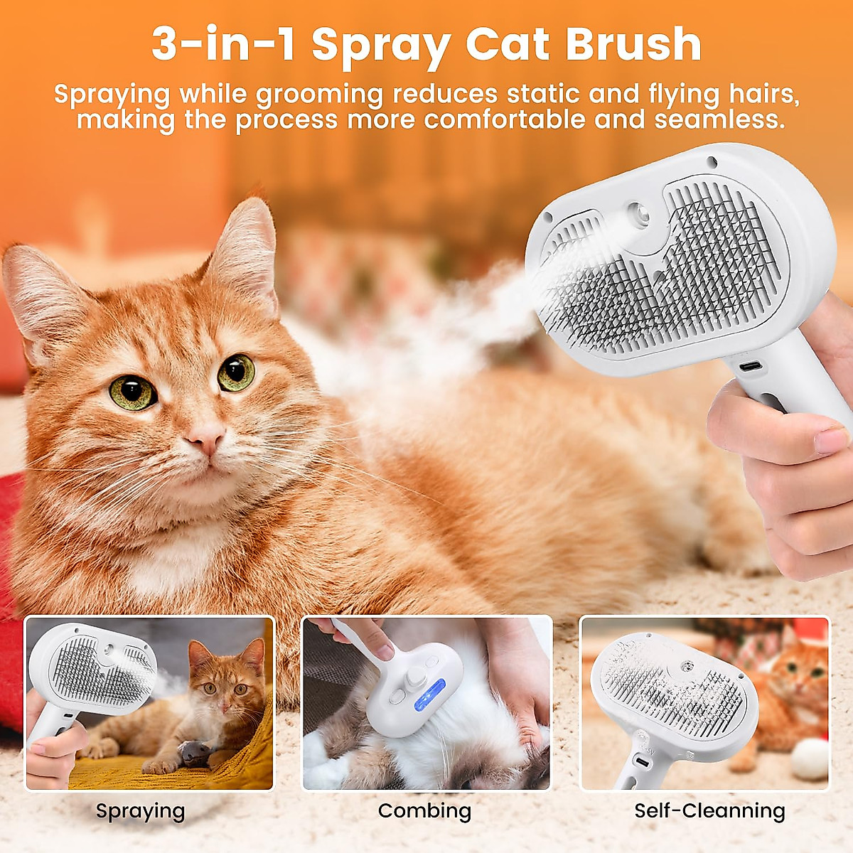 Cat Steam Brush, 3 in 1 Cat Brush for Shedding & Grooming, Water Brush for Cats Dogs, Pet Hair Removal Comb for Long Short Haired Small Animal, Self Cleaning Slicker Brush with Release Button