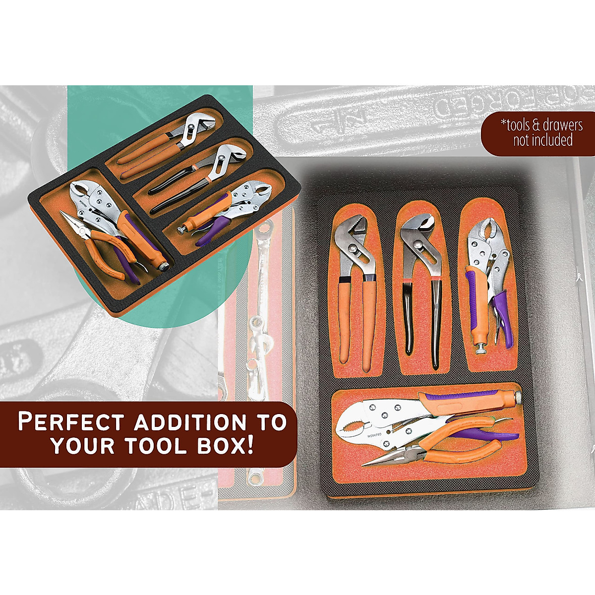 Polar Whale Tool Drawer Organizer Pliers Holder Insert Orange and Black Durable Foam Tray 15 x 10 Inches 4 Pockets Holds 3 Pliers Up To 9 Inches Long Fits Craftsman Husky Kobalt Milwaukee Many Others