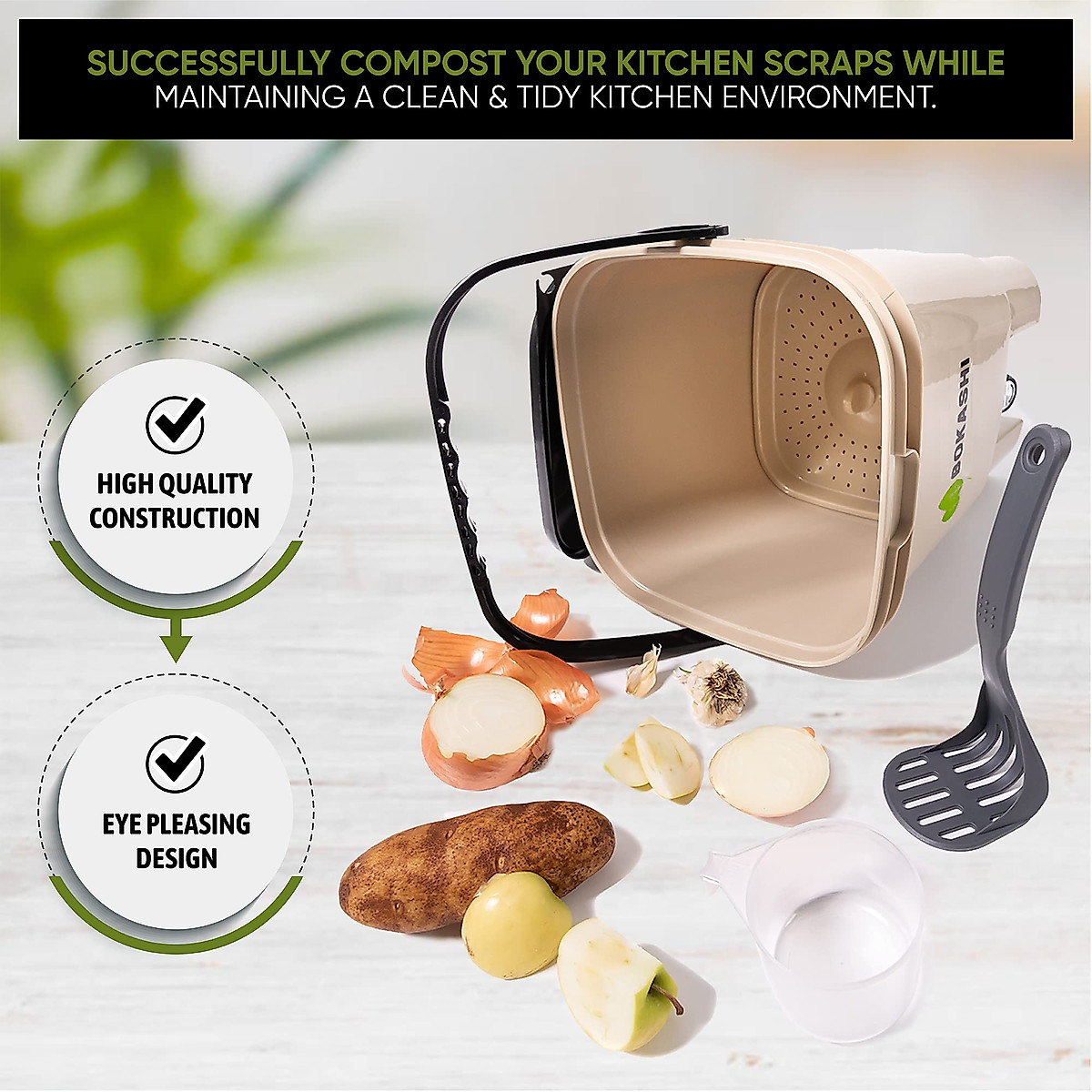 Bokashi Compost Starter Kit - 4.4 lb Organic Bokashi Compost Starter - 2 Airtight Bins, and Detailed Instructions. Attractive Bokashi Compost Bin. Bokashi Compost Bucket - (Black LID)