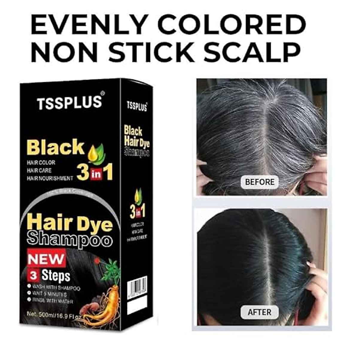 TSSPLUS Black Hair Dye Shampoo, 500ml - Organic Natural Hair Color Dye Shampoo for Women & Men, Instant Gray White Hair Cover, Plant Essence, Semi-Permanent