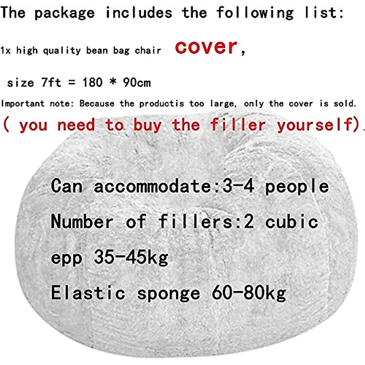 FEYOTH (it was only a Cover, not a Full Bean Bag Giant Fur Bean Bag Chair for Adult Living Room Furniture Big Round Soft Fluffy Faux Fur BeanBag Lazy Sofa Bed CoverFaux Fur BeanBag Lazy Sofa Bed Cove