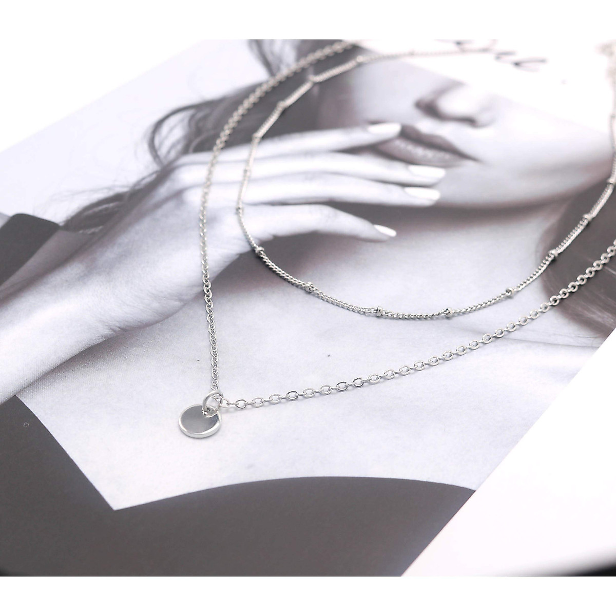 Aisansty Silver Choker Necklaces for Women Handmade Dainty Satellite Bead Chain Coin Pendant Layered Necklace