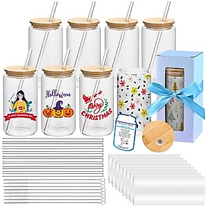 MAFYE Sublimation Glass Blanks With Bamboo Lid, 16OZ Clear Sublimation Beer Can Glass with Glass Straws Present Box Mason Jar Cups Mug Travel Tumbler for Beer, Juice, Soda, Iced Coffee, Drinks(8 PACK)