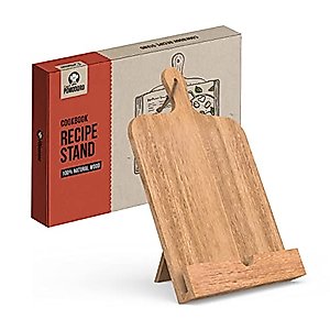 Chef Pomodoro Classic Cookbook Recipe Stand, 100% Natural Wood | Fits iPad Tablets and Cookbooks, Wooden Kickstand (Acacia Wood)