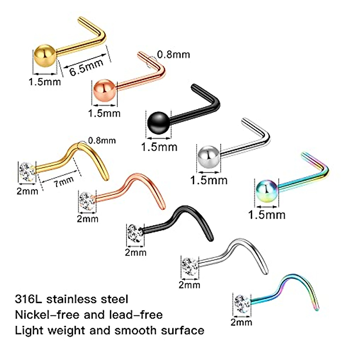 ONESING 55 Pcs 20G Nose Rings for Women Nose Rings Hoops Nose Piercing Jewelry CZ Nose Studs Screw L Shape Nose Bone Pin Stainless Steel Gold Body Piercing Jewelry