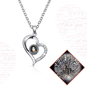 Hicarer Necklace Gift for Girlfriend I Love You in 100 Languages Projection Necklace with Preserved Red Real Rose Flowers in Box for Women Mom Wife on Mother's Day, Anniversary(Silver)