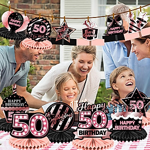 Happy 50th Birthday Rose Gold and Black Table Honeycomb Centerpieces Balloons Theme Decor Table Decorations Table Toppers for Girls Women Princess 50 Years Old Birthday Party Bday Supplies Background