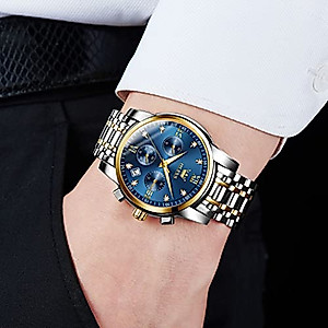 OLEVS Blue Quartz Watches for Men Big Dial Analog Chronograph Watch Easy Read Roman Numeral Mens Silver Gold Stainless Steel Strap Watches with Date Water Resistant Luminous Hands Diamond Watch Men