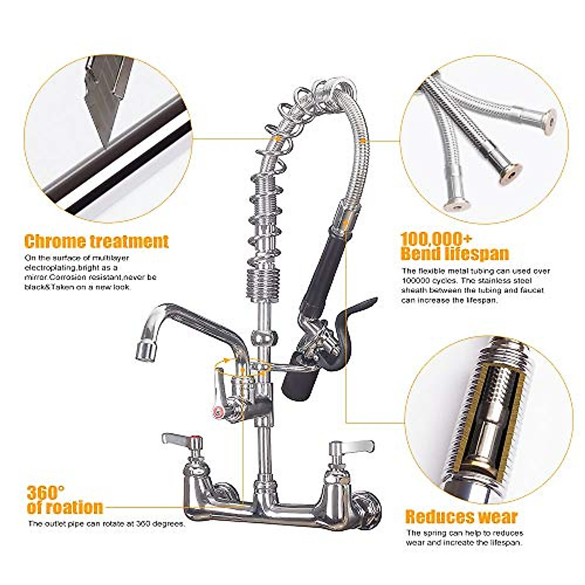 JZBRAIN Commercial Sink Faucet with Sprayer 21" Height 8 Inch Center Solid Brass Construction & Polished Chrome Wall Mount Commercial Kitchen Faucet with 8" Swing Spout for 1 or 2 Compartment Sink