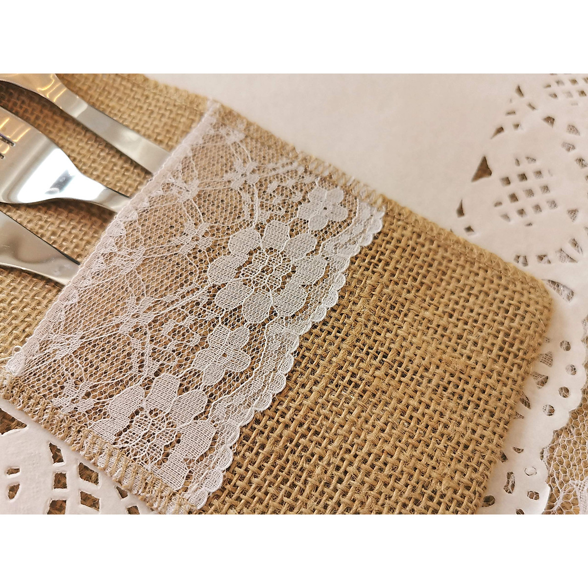 Lucky Monet 25/50/100PCS 4 x 8Inch Natural Burlap Lace Silverware Bag Utensil Holder Cutlery Pouch Hessian Knife Fork Tableware Bags for Wedding Party Restaurant Decoration (100PCS)
