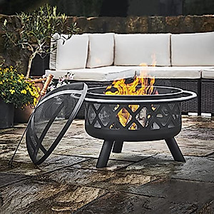 Teamson Home Steel Wood Burning Fire Pit with Spark Screen and Fireplace Poker for Outdoor Patio Garden Backyard Decking, 30 Inch Length, Black