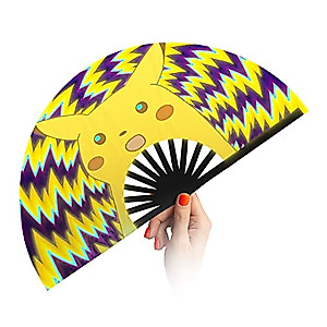 Ravedash Rave Fan - Surprised Pika Fluorescent UV Ink - 33cm - Loud Clack Festival Fans, Festival Fan, Club Fan, Bamboo Fan - for Events, Dance, Performance, Festivals