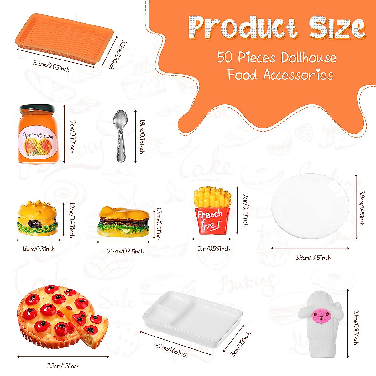 50 Pieces Dollhouse Miniature Fast Food Accessories Set Mixed Resin Food Drink Mini Hamburger Fries Juice Milk Bread Jam Cup Doll Kitchen Pretend Play Food for 1:12 Dollhouse and Cake Toppers Decor