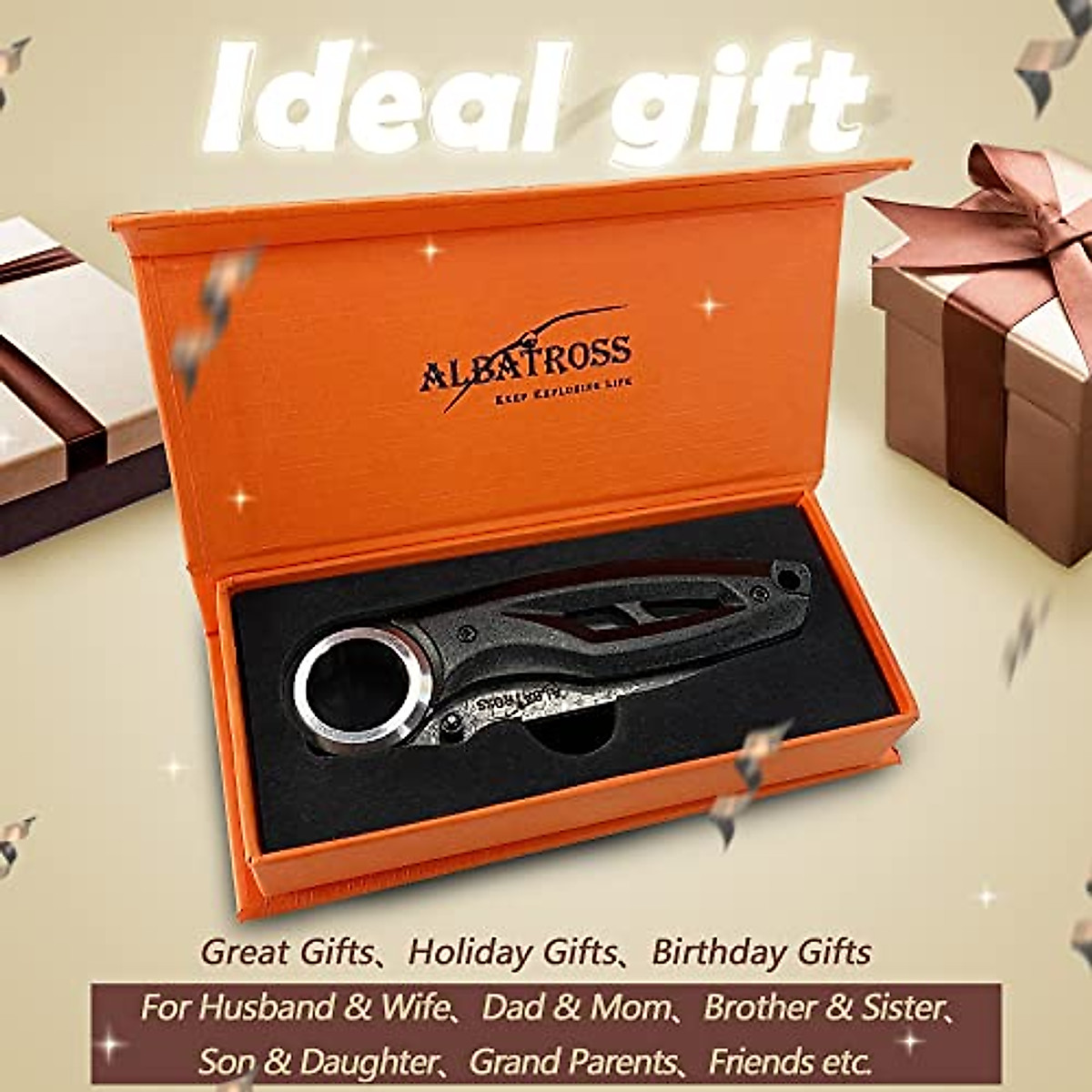 ALBATROSS Folding Pocket Knife for everyday use, 3" Blade, 4.5" Aluminum Handle, Liner Lock, Large Steel Ring Shaft, Orange Gift Box (BC)