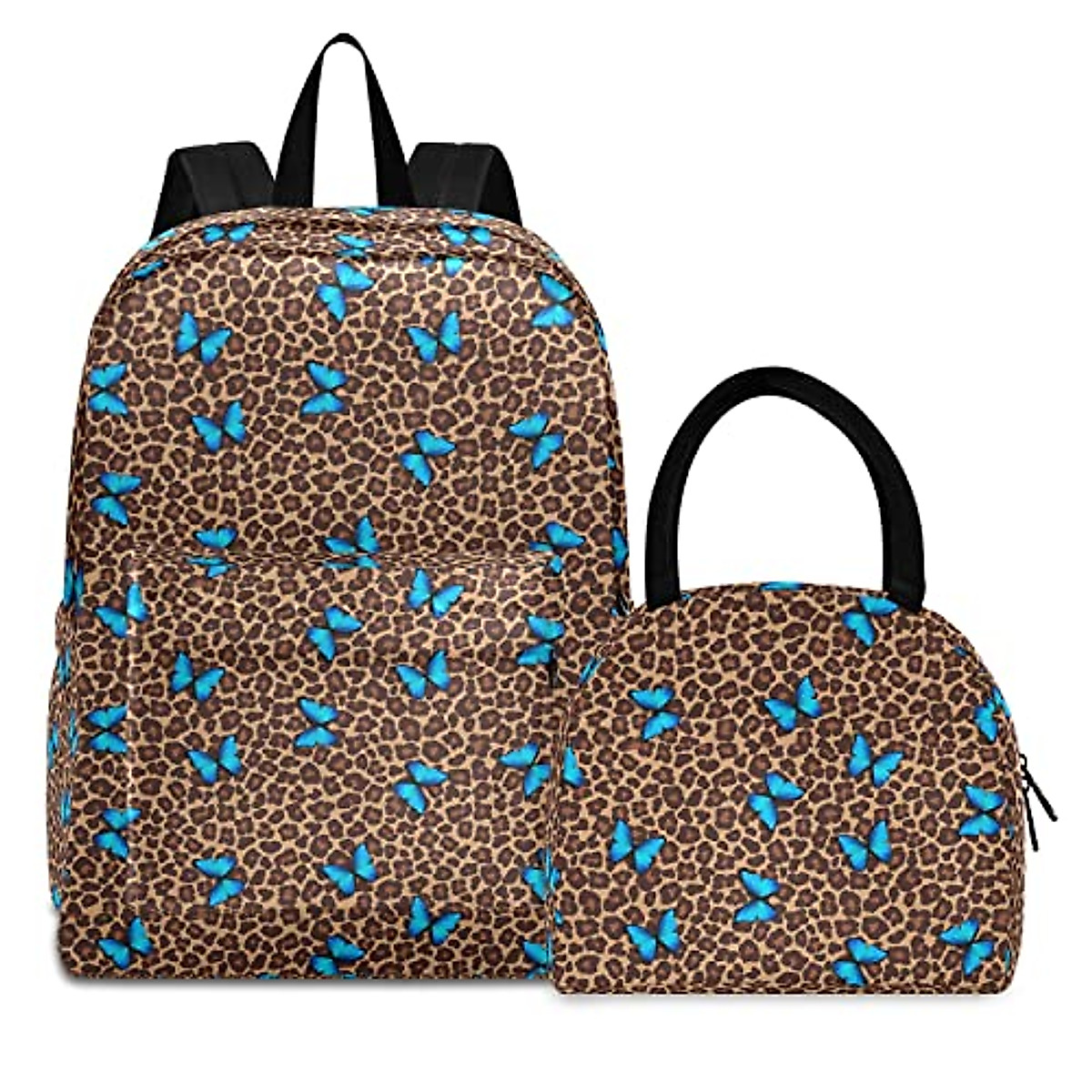 CHIFIGNO Blue Butterfly Leopard Cheetah Print Backpack Set for Teen Girls Middle Student Bookbag Women Backpack with Insulated Lunch bag Funny Preschool Kindergarten Backpacks