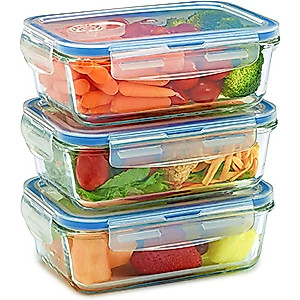 3 Pack Glass Meal Prep Containers for Food Storage and Prep w/Snap Locking Lids Airtight & Leak Proof - Oven, Dishwasher, Microwave, Freezer Safe - Odor and Stain Resistant (6 total pieces)