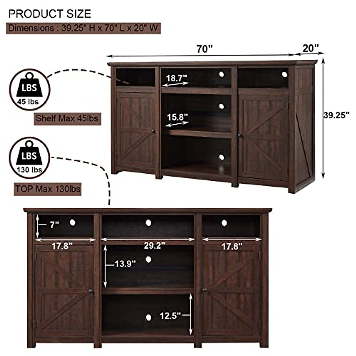 SinCiDo Farmhouse TV Stand for TVs Up to 80 inches, 39" Tall Highboy Entertainment Center w/Barn Door, Large Wood Rustic TV Console Cabinet w/Adjustable Shelves for Living Room, 70inch, Brown