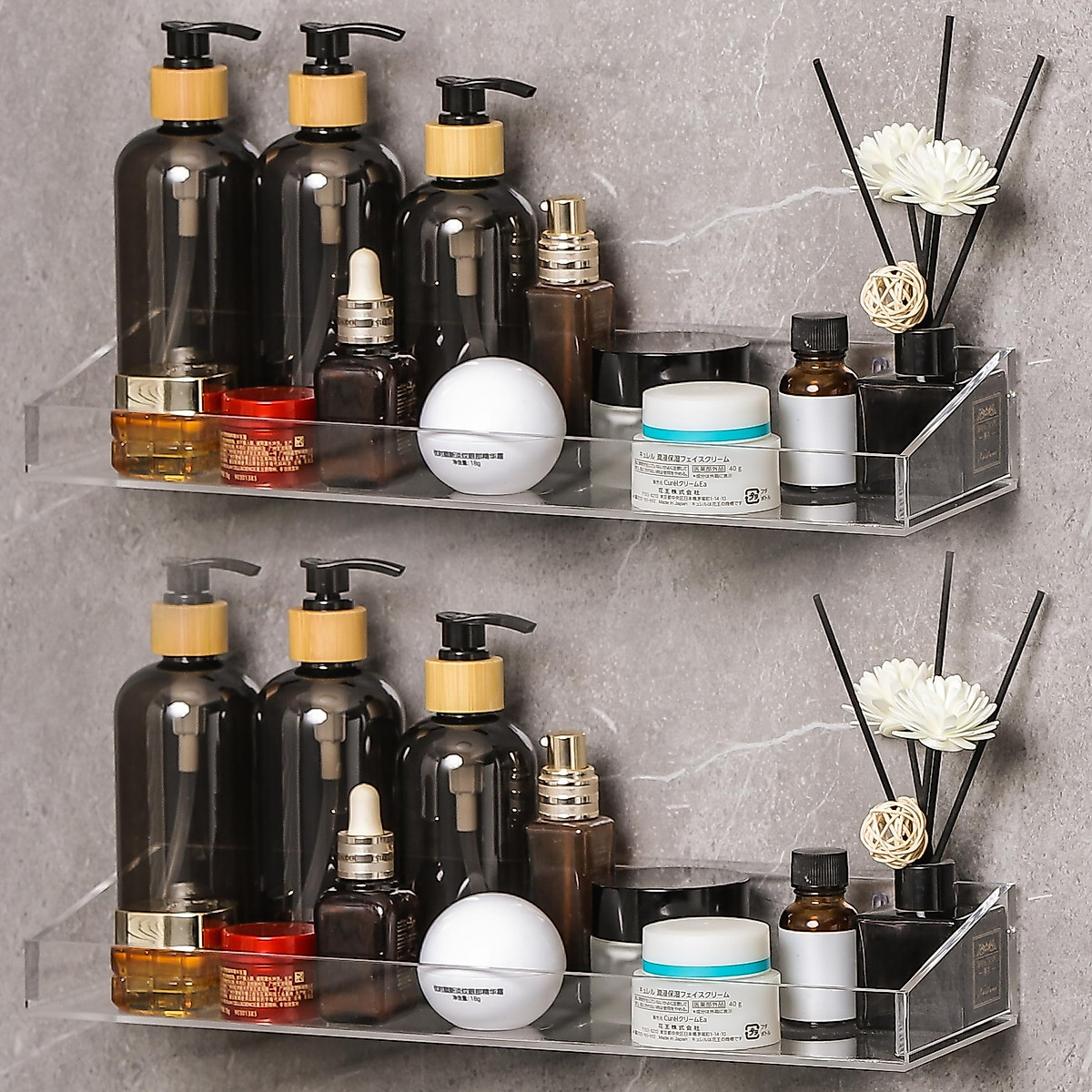 BLBYHO 2 Pack Acrylic Bathroom Shower Shelves Shower Caddy, 15" Clear Shower Organizer Floating Shelves Stick on for Bathroom Wall Mounted, Provide Adhesive Strips & Mounting Screws