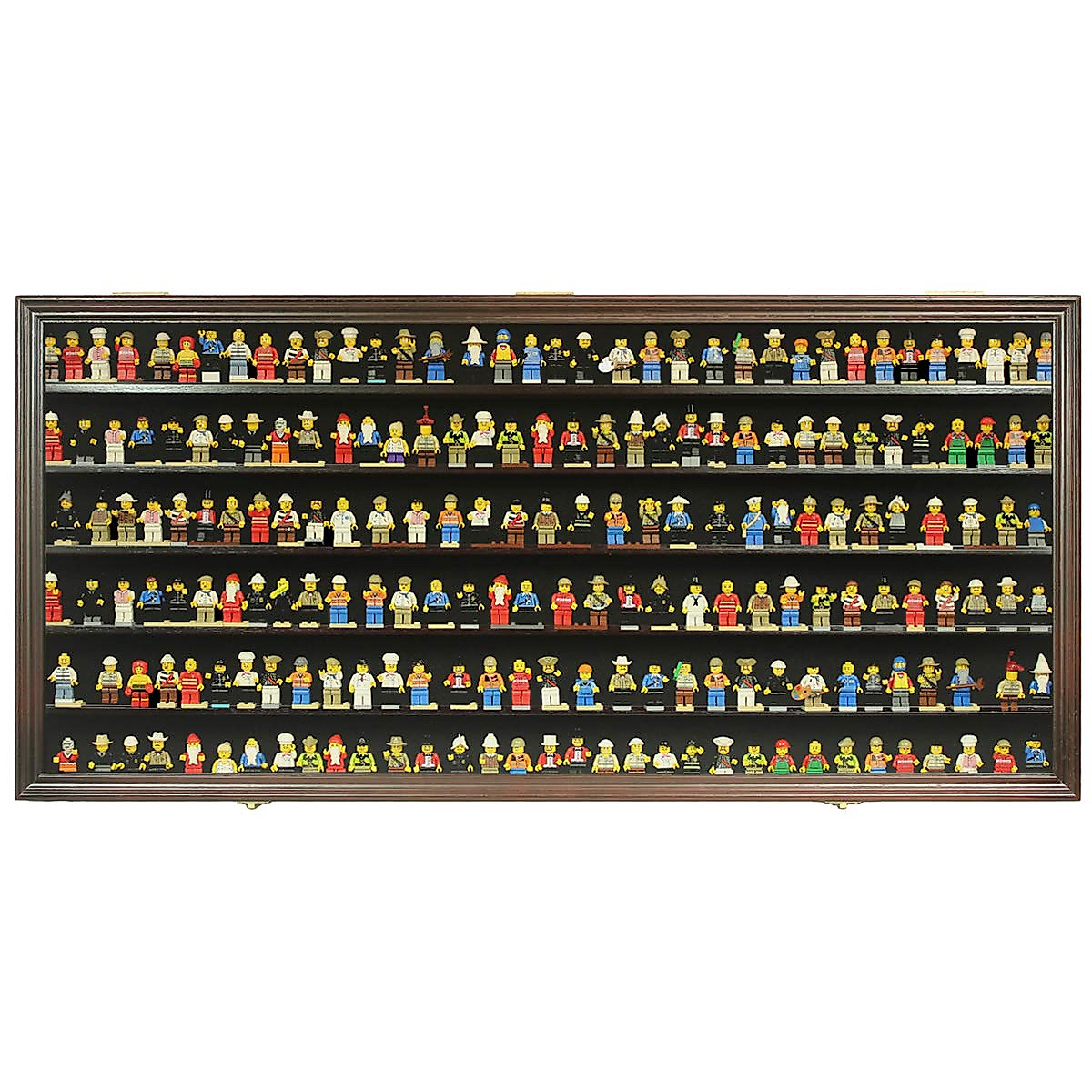 DisplayGifts Toy Minifigures Miniatures Display Case Frame Wall Cabinet Stand 200 Toys Dust Protection Mahogany Finish